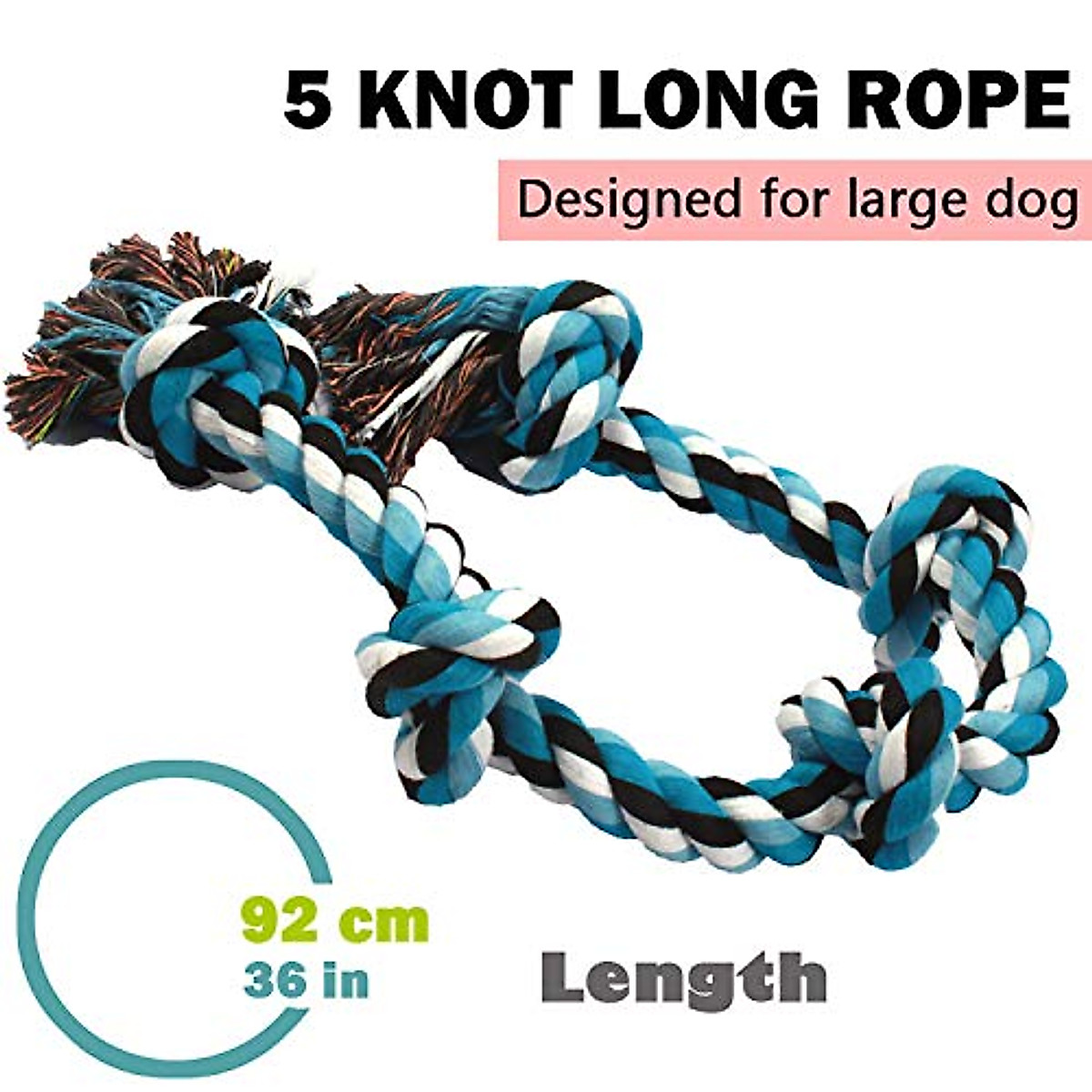 LECHONG Dog Toys for Aggressive Chewers Tough Rope Chew Toys for Large and Medium Dog 3 Feet 5 Knots Indestructible Cotton Rope for Large Breed Dog Tug of War Dog Toy Teeth Cleaning
