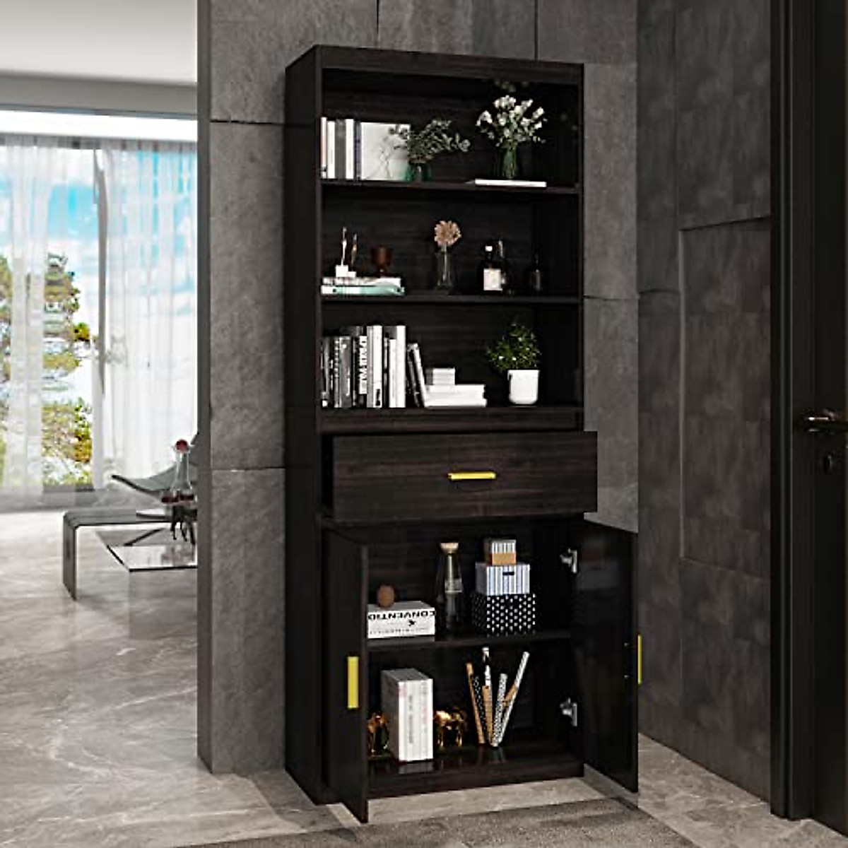 AIEGLE Tall Bookcase Storage Cabinet with Drawer & 3-Tiers Shelf, Wooden Bookshelf Display Cabinet with 2 Doors for Living Room Office, Dark Walnut (23.6" W x 11.8" D x 70.8" H)