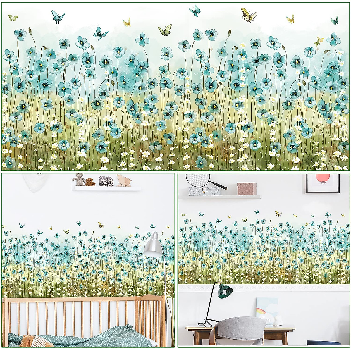 LiveGallery Blue Flowers Wall Decals White Daisy Wall Stickers DIY Peel and Stick Butterfly Plants Wall Sticker for Baby Kids Girls Bedroom Nursery Living Room Office Corners Skirting Lines