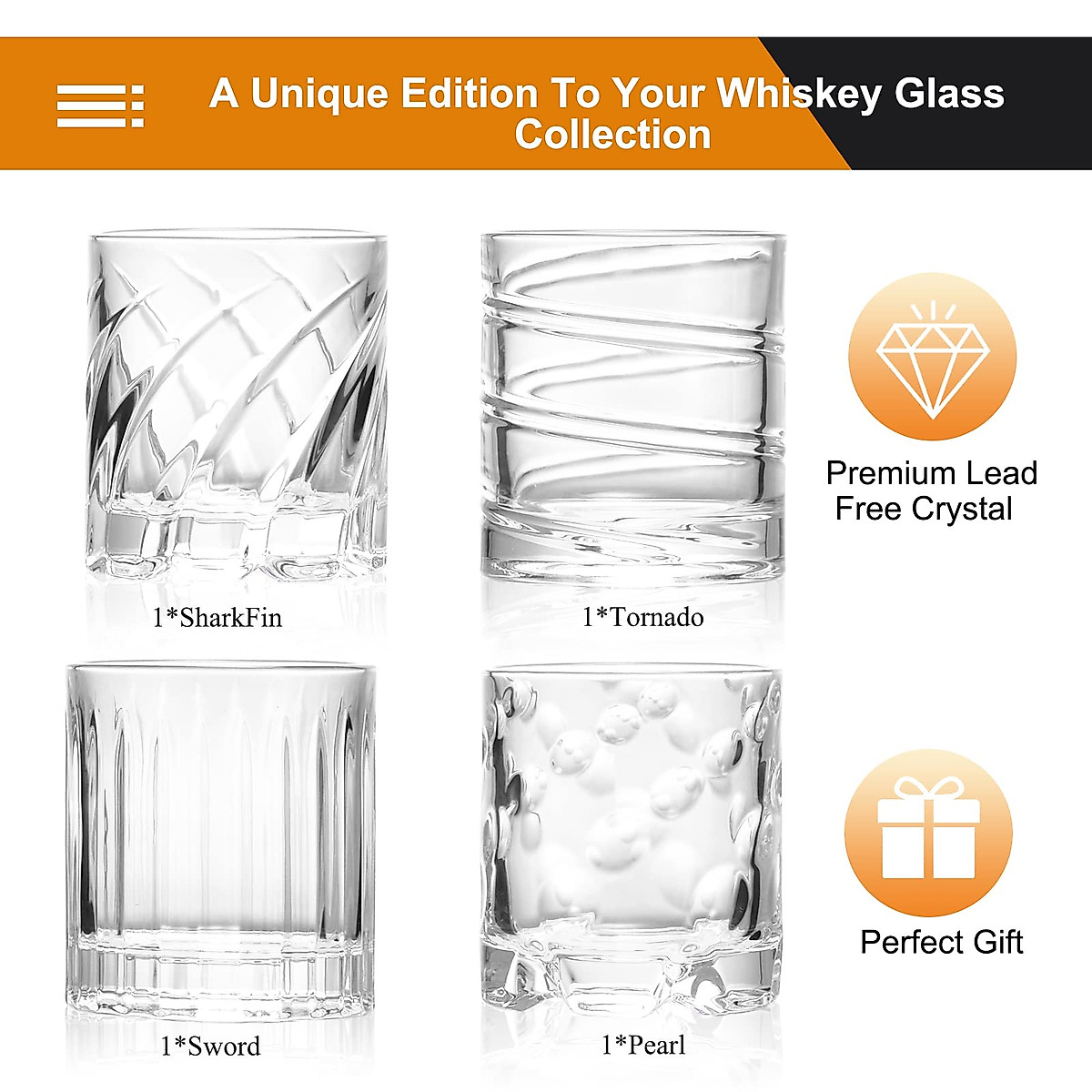 LURRIER Whiskey Glass set of 4,Old Fashioned Whiskey Glasses,10 oz Crystal Whiskey Glass for Scotch,Bourbon,4 Patterns Spinning Whiskey Glass Set,Whiskey Glasses gift with 4 Ice Molds Gift for Men