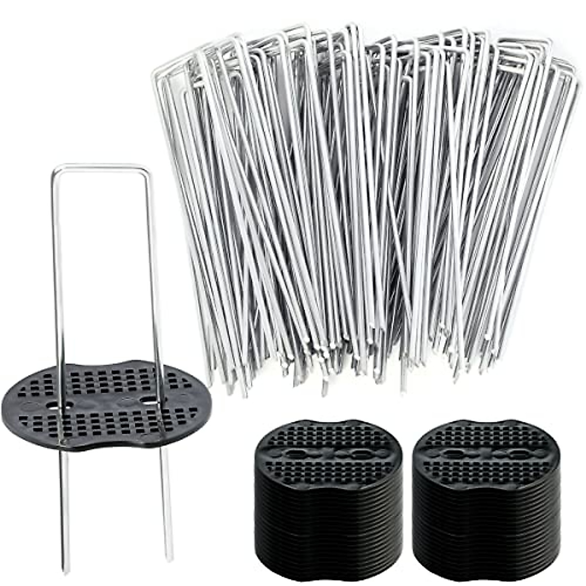 100 pcs 6 inch U-Shaped Landscape Staples and 100 pcs Fixing Gasket Sets, Garden Landscape Staples are Suitable for Outdoor Irrigation Hoses,Fixed Fences,Artificial Turf Nails and Tents.