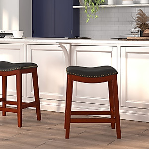 Flash Furniture Alphus 26'' High Backless Light Cherry Wood Counter Height Stool with Black LeatherSoft Saddle Seat