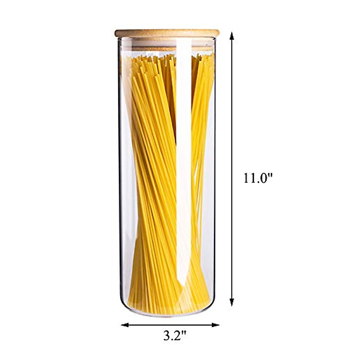 3.15 x 11 Inch Spaghetti Container, 38 OZ Airtight Glass Pasta Canister & Jar, Seal Pot with Clear Glass & Bamboo Lid, Kitchen Corner & Cabinet Organization, Dispenser for Cereal, Flour, Liquid