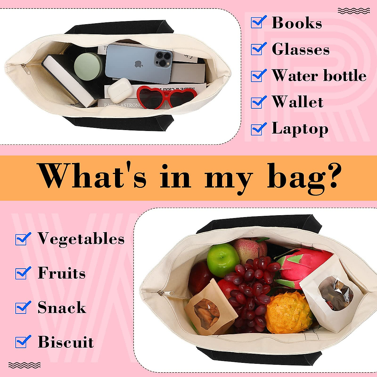 12 Pcs Canvas Tote Bag Bulk with Outer Pocket, 21 in Large Cotton Tote Beach Bags with Zipper Washable Shopping Bags (Black)