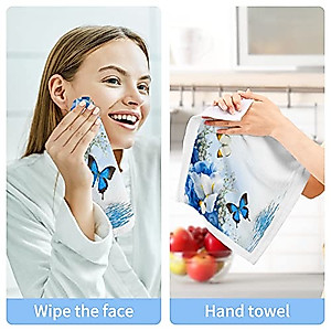 KEEPREAL 6 Pack Blue Hydrangeas and Butterfly Washcloths Set - Highly Absorbent Pure Cotton Wash Clothes - Soft Fingertip Towel for Bath, Spa