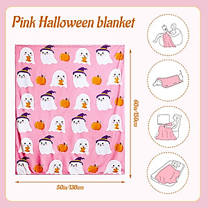 Jansun Halloween Pink Flannel Blanket, 60 x 50 Inch Ghost Pumpkin Throw Blanket Lightweight Reversible Blankets Plush Throw Blanket Soft Living Room Couch Bed Blanket for Girls Boys