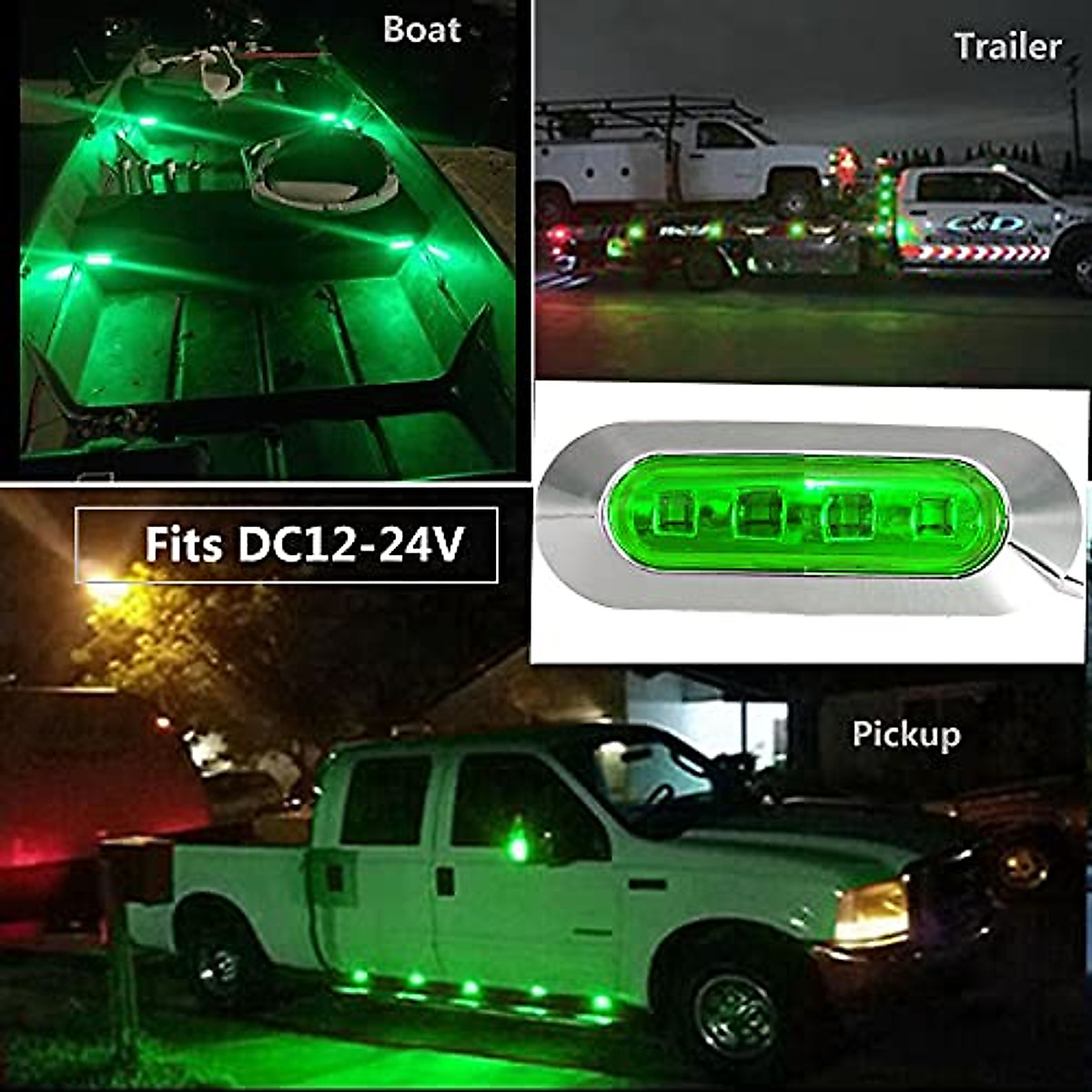 UWDESY 10Pcs Green 4 LED Side Marker Lights Front Rear Interior Clearance Tail Light Warning Turn Indicators Underglow Wheel Rock Lamp for Auto Truck Trailer Tail Car RV Camper Boat ATV DC12V-24V