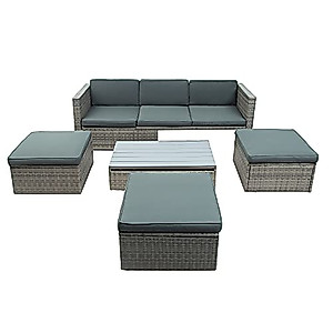 Merax 5-Piece Patio PE Rattan Wicker Sofa with Adustable Backrest,Cushions,Ottomans and Lift Top Coffee Table,Outdoor Furniture Sets,Dark Grey