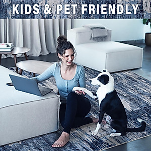 Area Rugs 9x12 Living Room: Large Machine Washable Area Rug with Non Slip Backing Non Shedding Abstract Stain Resistant Carpet for Bedroom Dining Room Nursery Home Office - Beige/Blue