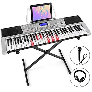 MUSTAR 61 Key Piano Keyboard, MEKS-400 Electric Piano Keyboard with Lighted Up Keys, Learning Keyboards Piano for Beginners, Piano Stand, LCD Screen, Headphones, Microphone, Kids Birthday Gifts