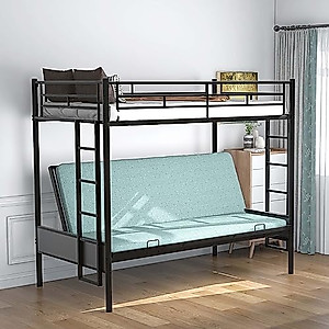 KNAMOTL Twin Over Full Bunk Bed, Heavy Duty Bunk Bed Frame with Integrated Side Ladder & Upper Guard Rails, Space-Saving Design, Metal Bunk Bed for Teens Adults Bedroom, No Box Spring Needed, Black