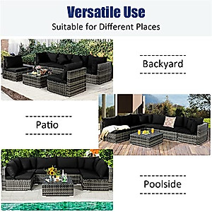 SLNFXC 7PCS Patio Rattan Furniture Set Sectional Sofa Garden Black Cushion Corner Sofas and Single Sofas