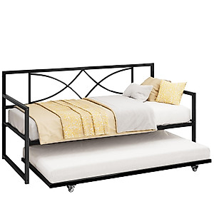 YITAHOME Twin Daybed with Pull Out Trundle, Metal Day Bed with Adjustable Height, Twin Size Mattress Foundation with Steel Slat Support for Guest Room Living Room - Black