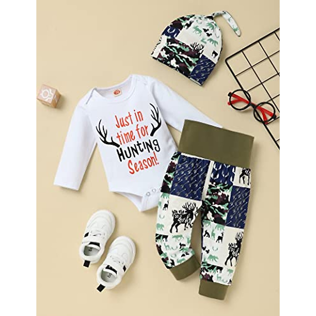 Newborn Baby Boy Clothes Outfits Letter Print Romper + Hunting Elk Pants+Hat 3PC Clothing Set (C-White, 0-3Months)