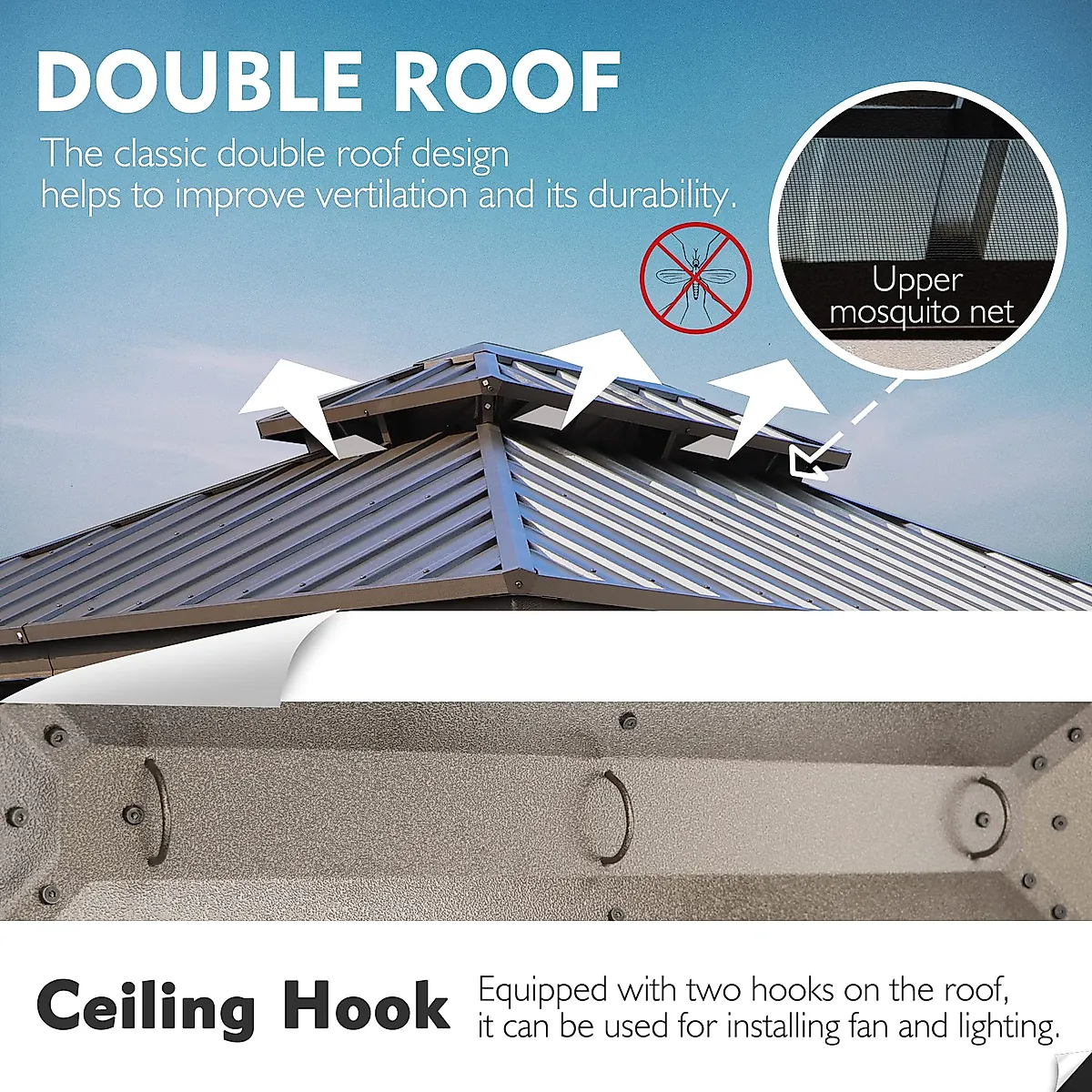 Kozyard Caesar 12'x14' Hardtop Gazebo - Permanent Metal Pavilion with Netting and Shaded Curtains for Patio, Backyard, and Deck - Galvanized Steel Outdoor Aluminum Canopy, Double Roof Gazebo (Brown)