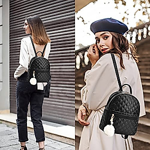 Mini Backpack for Women 3-PCS Fashion PU Leather Simple Design Cute Travel Daypacks Pompom Backpack Shoulder Bag (Grey)