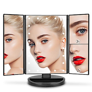 deweisn Tabletop Mount Trifold Lighted Vanity Mirror with 21 LED Lights, Touch Screen and 3X/2X/1X Magnification, Two Power Supply Mode Make up Mirror,Travel Mirror