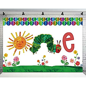 Cartoon Very Hungry Little Green Caterpillar Happy Birthday Banner Backdrop Photo Studio Booth Props Insects Theme Decor for Baby Shower 1st Birthday Party Background Supplies Favors Decorations