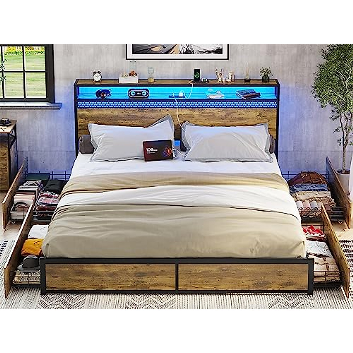 ADORNEVE King Size Bed Frame with Drawers, LED Bed Frame with 2 Tier Storage Headboard and LED Lights, Metal King Platform Bed with Charging Station, Double-Row Support Bars, Noise-Free, Vintage Brown