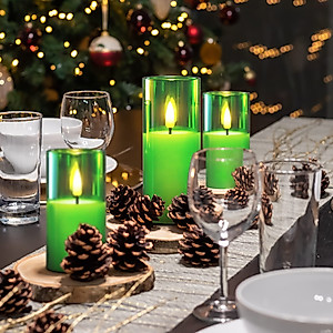Girimax Green Glass Flameless Candles with Remote, Flickering LED Votive Pillar Candles Battery Operated Slim Tall Candles Φ 2" H 3" 4" 5" 6" 7"