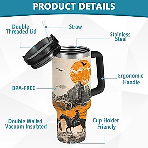 Flradish 40oz Tumbler with Handle, Vintage Western Cowboy Stainless Steel Tumbler with Lid and Straws Double Wall Vacuum Insulated Leakproof Coffee Travel Mug