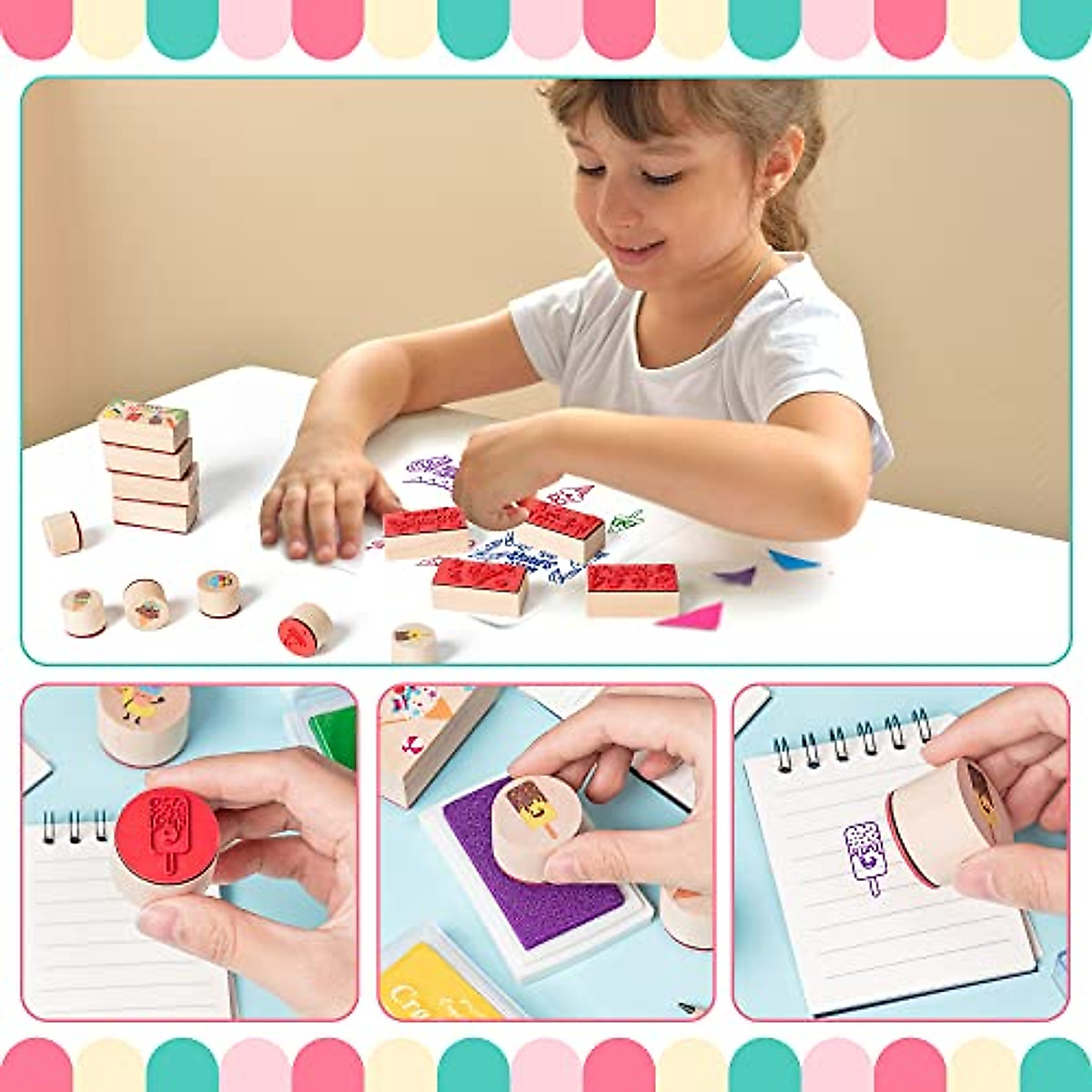 15Pcs Summer Ice-Cream Wooden Rubber Stamps for Crafting, Wood Rubber Stamp for Scrapbooking DIY Craft Card Stamps Pads Decorative Rubber Stamps Ink Pads for Kids Stamps Birthday Gift Card Making Kit