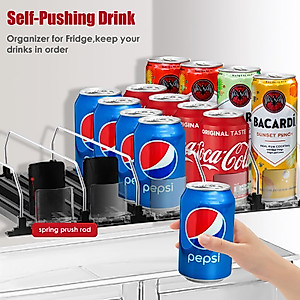 Drink Organizer for Fridge,5 Row Self-Pushing Soda Can Organizer Width Ajustable Beverage Pusher Glide,Spring Loaded Beer Pop Can Water Bottle Beverage Storage for Refrigerator Kitchen Pantry-Black