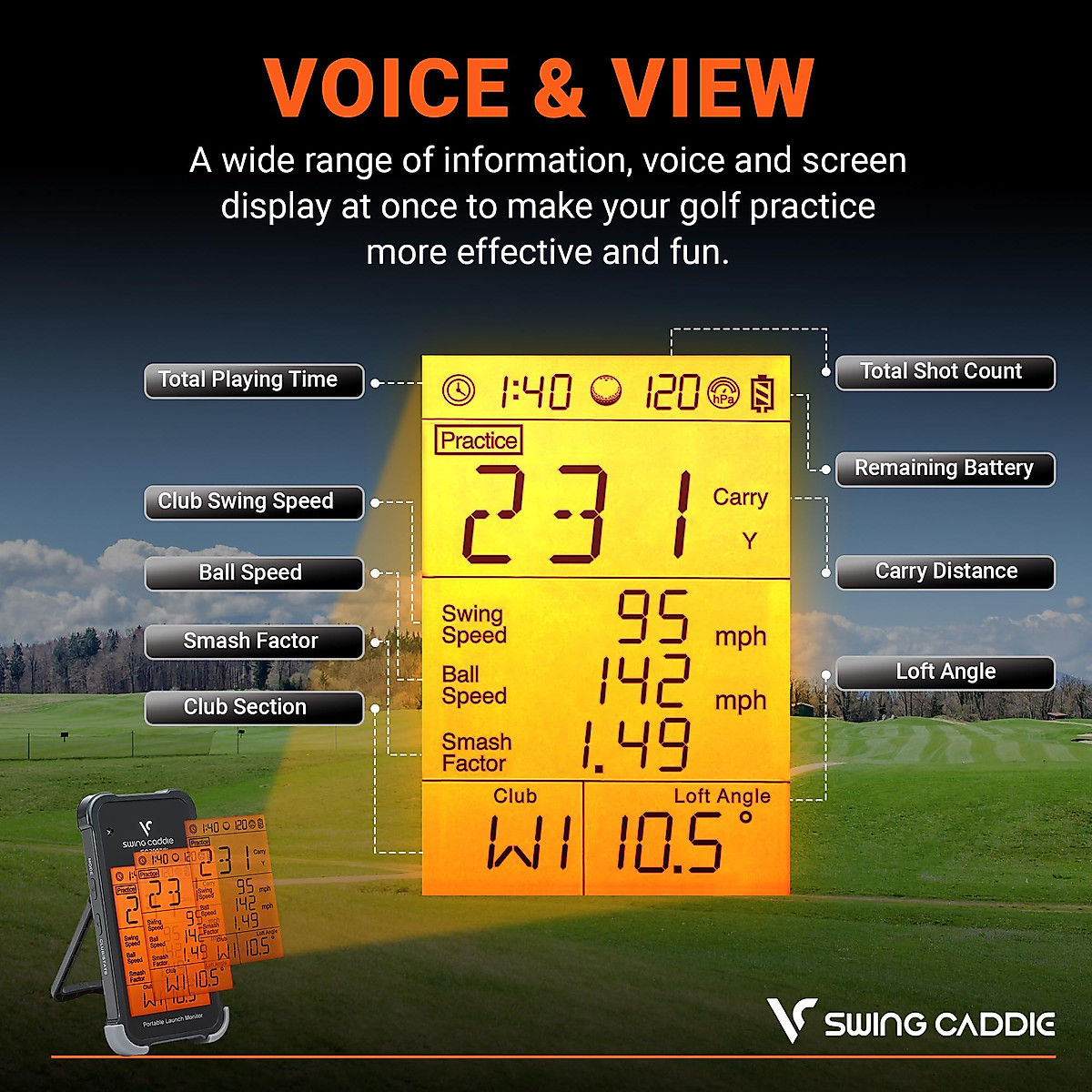 Voice Caddie SC200Plus Portable Golf Launch Monitor and Swing Analyzer with Real-Time Shot Data Tracking - 12-Hour Battery Life