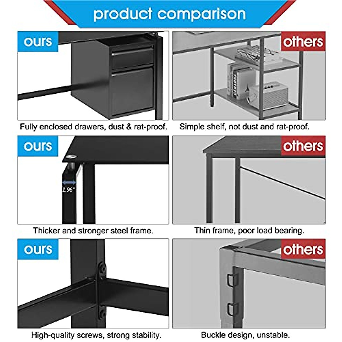 Pataku L Shaped Home Office Desk, Corner Computer Desk Modern Study Writing Table with 2 Drawers, Tempered Glass Desktop, Metal Frame, Black