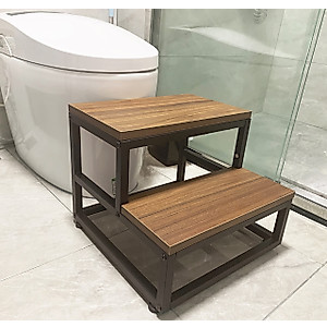 Step Stool for Adults and Kids, Wood and Metal Stepping Stool, 2 Steps with Corner Protectors, Bed Steps for High Bed, Elders and Toddler Stool for Bedroom, Bathroom, Kitchen (Brown)