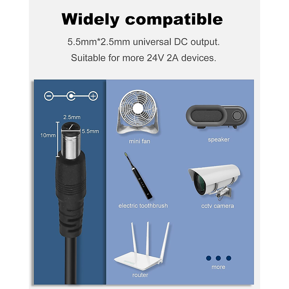24V 2A DC Power Supply Adapter 24 Volt AC Adapter 100-240V 50-60Hz AC to DC 24V 2A Power Adapter Cord, 24V DC Power Supply 2A Adapter with 5.5mm x 2.5mm DC Outlet Plug & 1 Tip