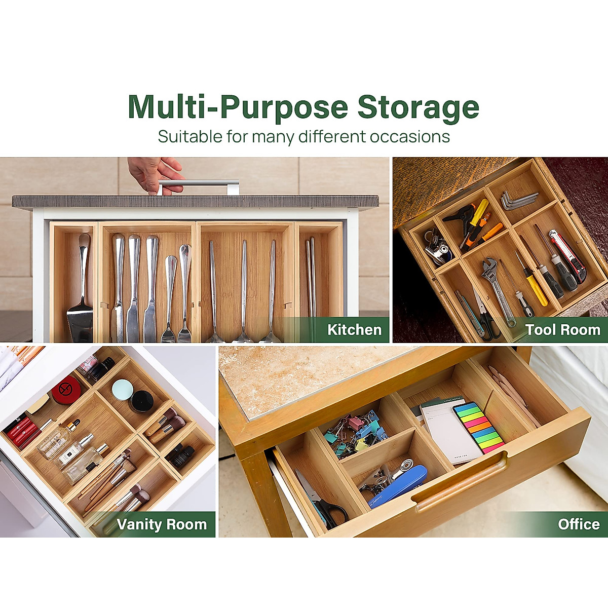 Kootek 6 Pcs Bamboo Drawer Organizer Utensil Tray Kitchen Storage Box 3-Size Versatile Dividers Cutlery Holders Bins Containers for Flatware Kitchen Utensils