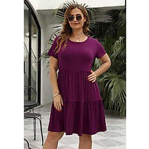 Nemidor Womens Plus Size Casual Ruffle Dress Short Sleeve Layered Swing Midi T Shirt Dress with Pocket NEM298 (20, Purplish Red)