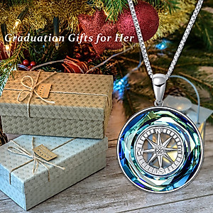 AOBOCO Graduation Gifts for Women, 925 Sterling Silver Compass Pendant Necklace with Color-changed Crystal from Austria, College Graduation Gift for Her Women