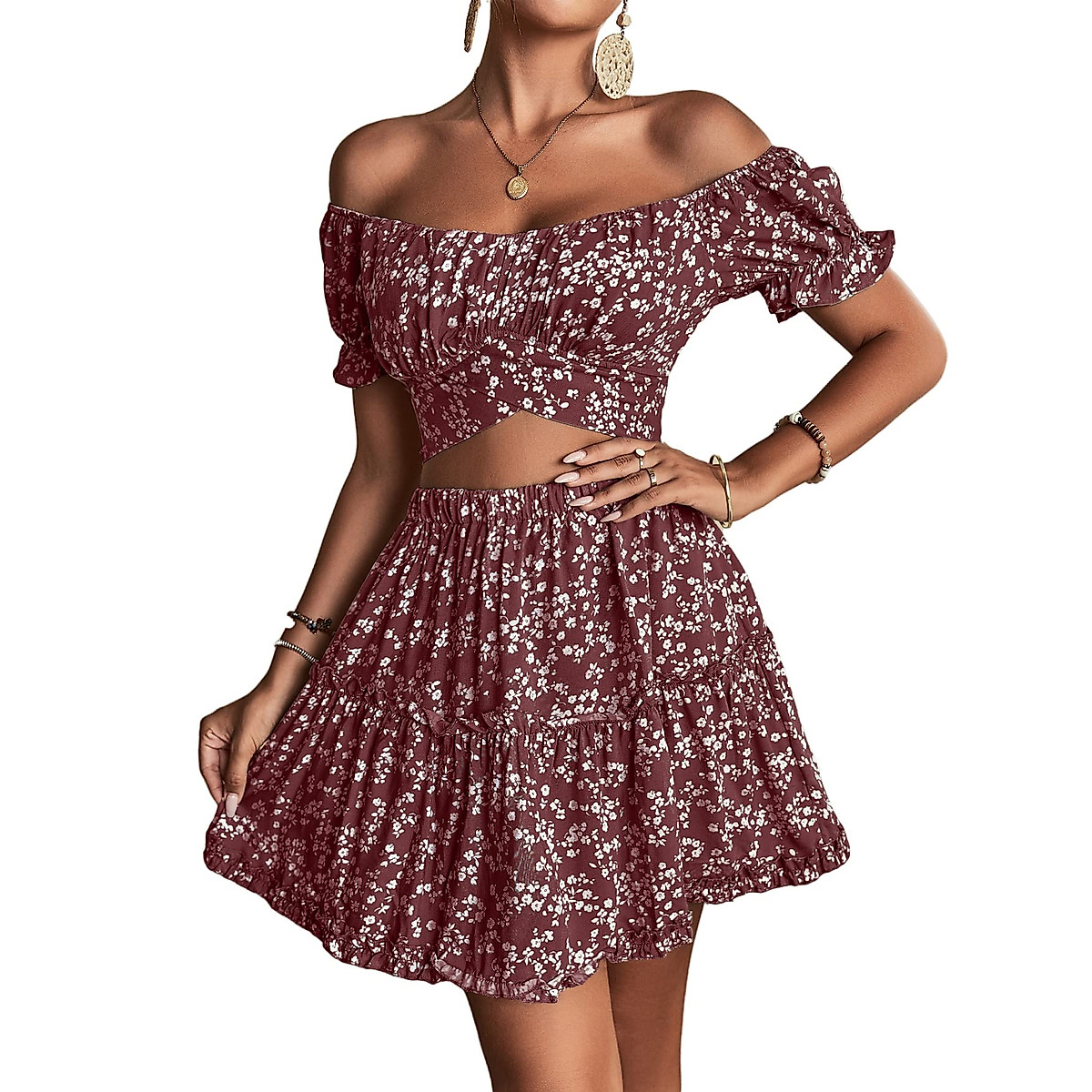LYANER Women's 2 Piece Outfits Floral Off Shoulder Tie Up Crop Top and Mini Skirt Set Wine Red Floral Small