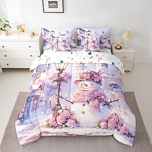 Feelyou Kids Christmas Bed in A Bag Queen Size, Snowman 7 Pieces Bedding Set Boys Girls Snowflake Comforter Set with Sheets Rose Floral Flower Teens Bed Set Bedroom Decor 7Pcs