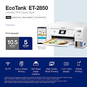 Epson EcoTank ET-2850 Wireless Color All-in-One Cartridge-Free Supertank Printer with Scan, Copy and Auto 2-Sided Printing - White