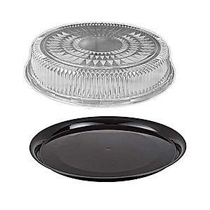 Durable Packaging 16" Black Round Flat Catering Serving Party Tray Food Platter + Clear Dome Lid (Pack of 25)
