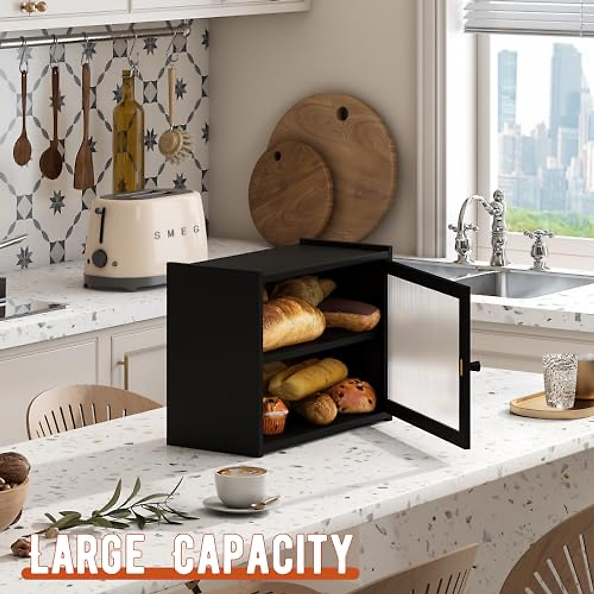 GHWIE Bread Box for Kitchen Countertop Large Bread Box Farmhouse Bread Container Bread Storage with Window Bread Holder Black