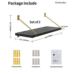 Godimerhea Black Floating Shelves for Wall, Set of 2 Wall Mounted Hanging Wood Shelf with Gold Brackets, Modern Luxury Decor Organizers Storage Shelves for Bathroom, Living Room, Bedroom