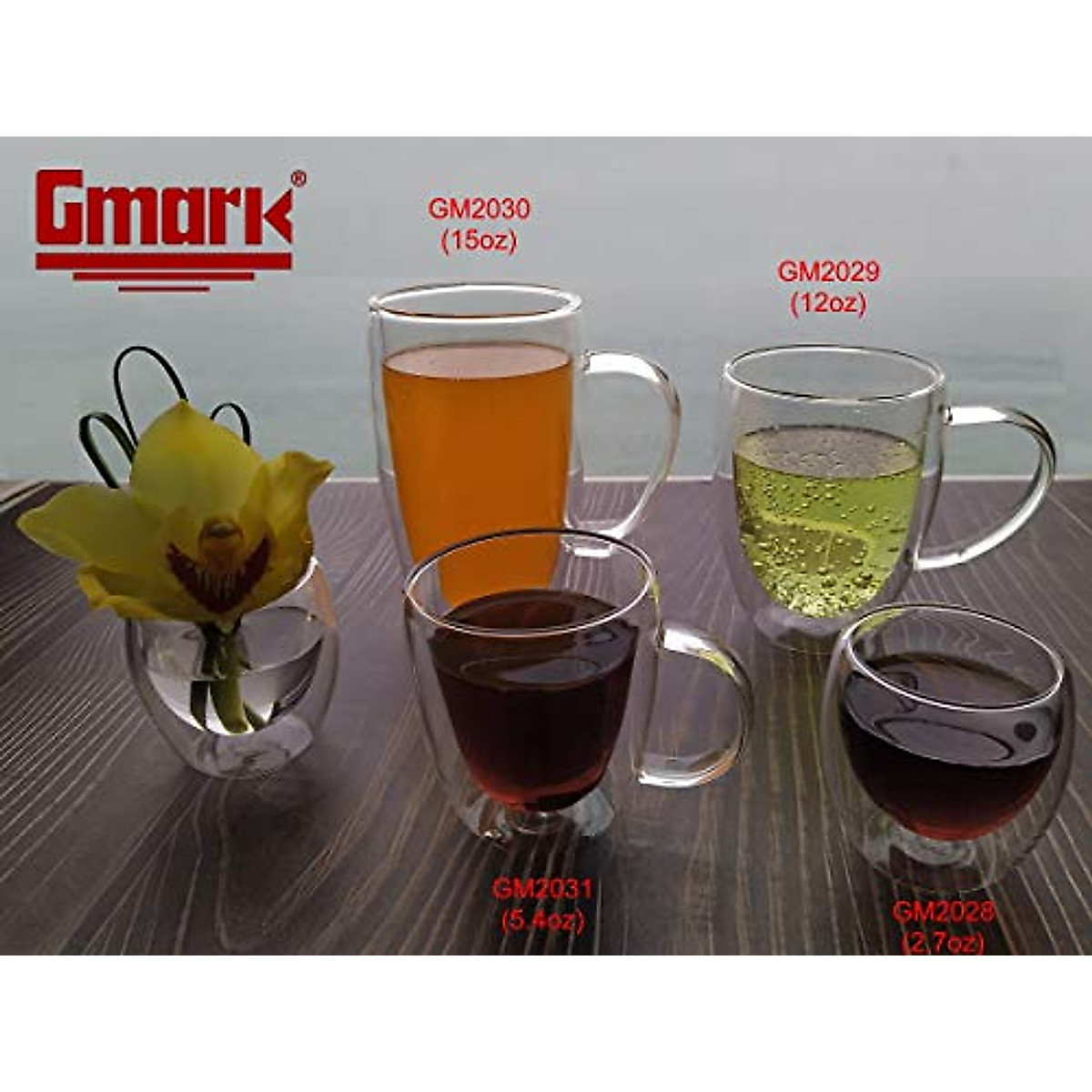 Gmark Large Coffee Mugs Set of 2 (15 oz), Double Wall Tumbler Glass Cup, Insulated Coffee Cups for Tea, Latte, Espresso, Juice, or Water GM2030