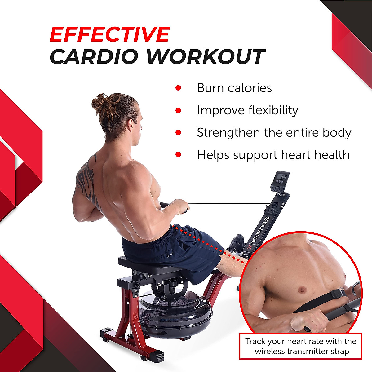 Stamina X Water Rower - Rower Machine with Smart Workout App - Rower Workout Machine with Dynamic Water Resistance - Rowing Machine for Home Gym - Up to 300 lbs Weight Capacity