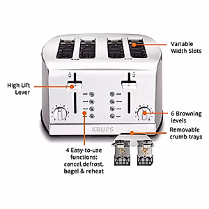 KRUPS KH734D Breakfast Toaster with Brushed and Chrome Stainless Steel Housing, 4-Slices with Dual Independent Control Panel, 6-browning levels, Silver
