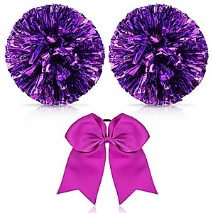 Hanaive 3 Pcs Cheerleading Pom Poms and Large Cheerleader Hair Bow for Girl Metallic Cheer Pom Poms for Teen Dance (Purple Pom,Classic Style)
