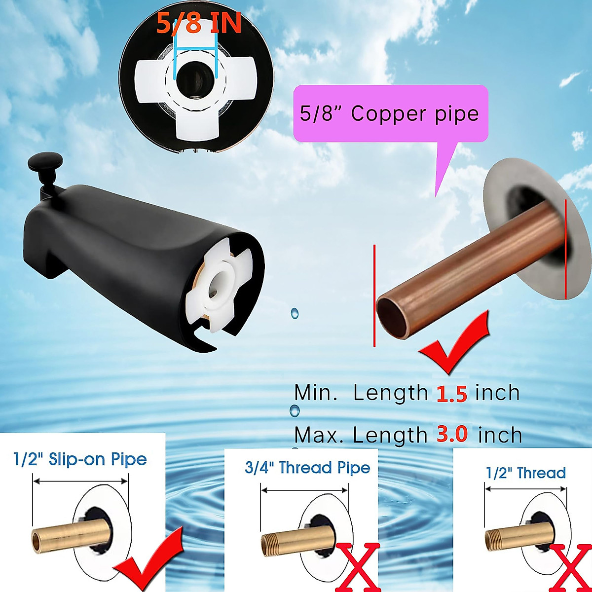 Slip Fit Tub Spout with Pull-Up Diverter for 1/2 inch Copper Tube,5.4 INCHES in Length,Easy to Install,Chrome (Not Applicable to Threaded Pipes) Thickened and Elongated Design 300 Grams