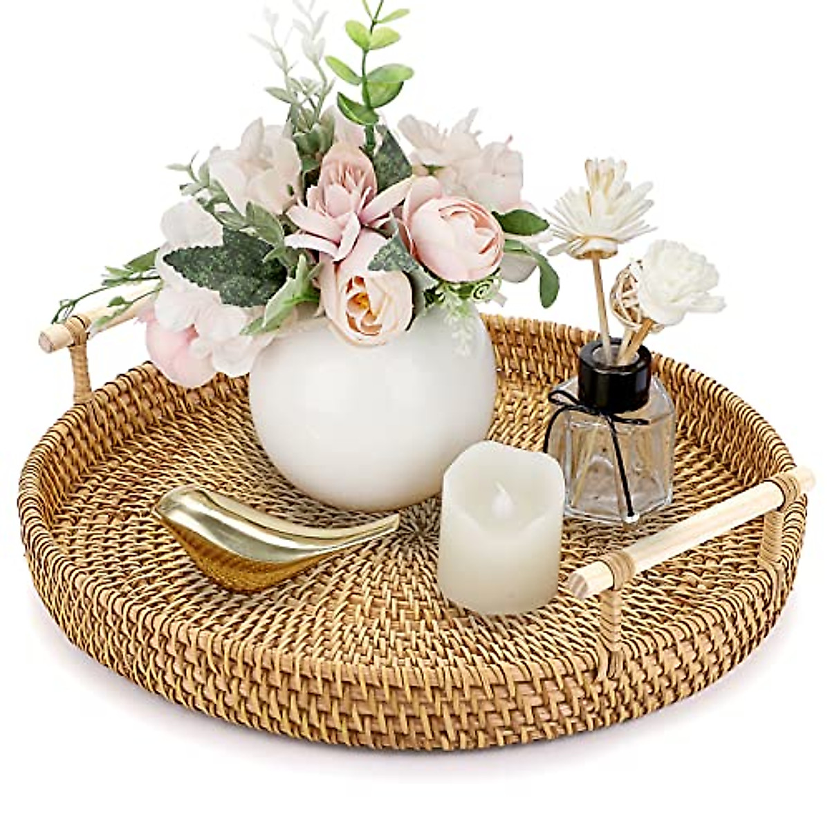 Hipiwe Round Rattan Serving Tray with Handles Wicker Tray Coffee Table Decorative Tray Hand Woven Serving Basket Ottoman Trays for Fruit Bread Parties Breakfast