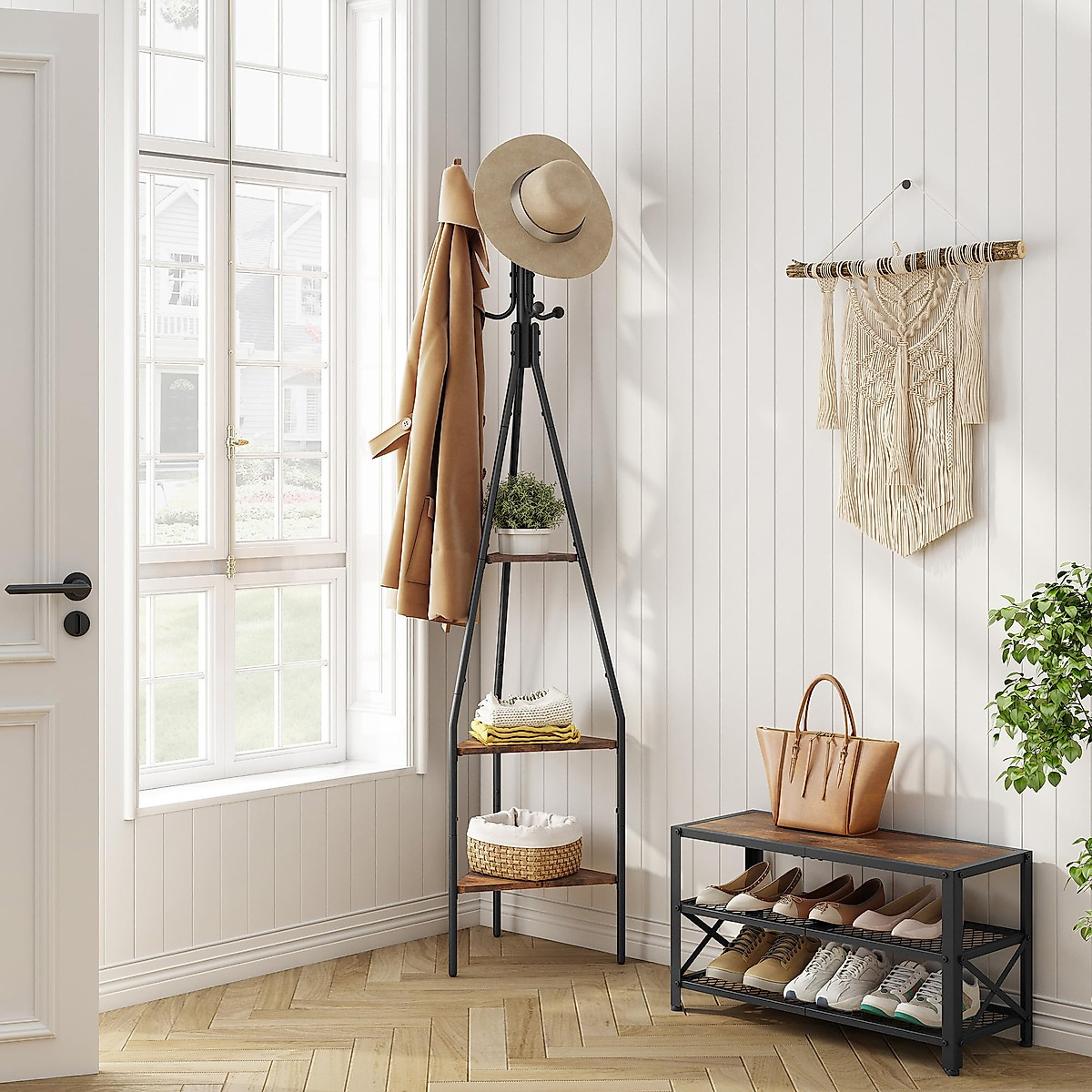 Hoctieon 3-Tier Coat Rack Freestanding with Hooks, Industrial Coat Tree Freestanding, Mordern Coat Racks Free Standing with Shelf, Coat Rack with Storage for Clothes, Hats, Bags