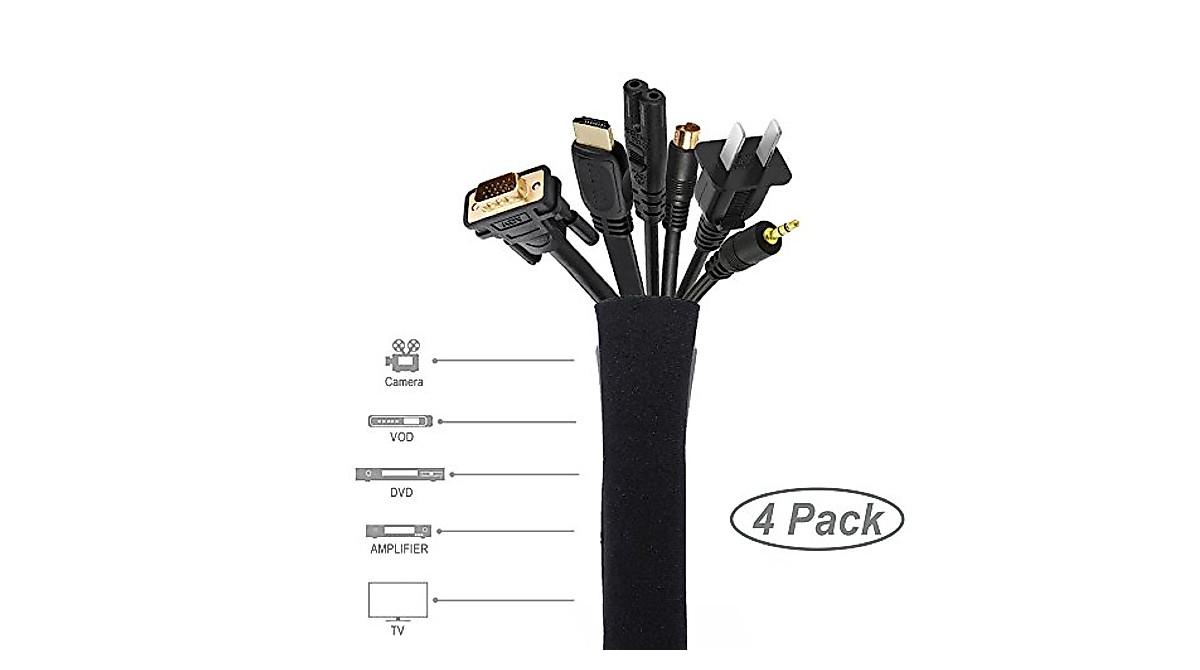 JOTO Cable Management Sleeve 4-Pack - Neoprene Wire Organizer System