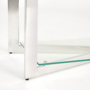 Uptown Club Stampley Modern Table for Living Room with 2 Tempered Glass Shelves and Polished Stainless Steel Frame, Silver