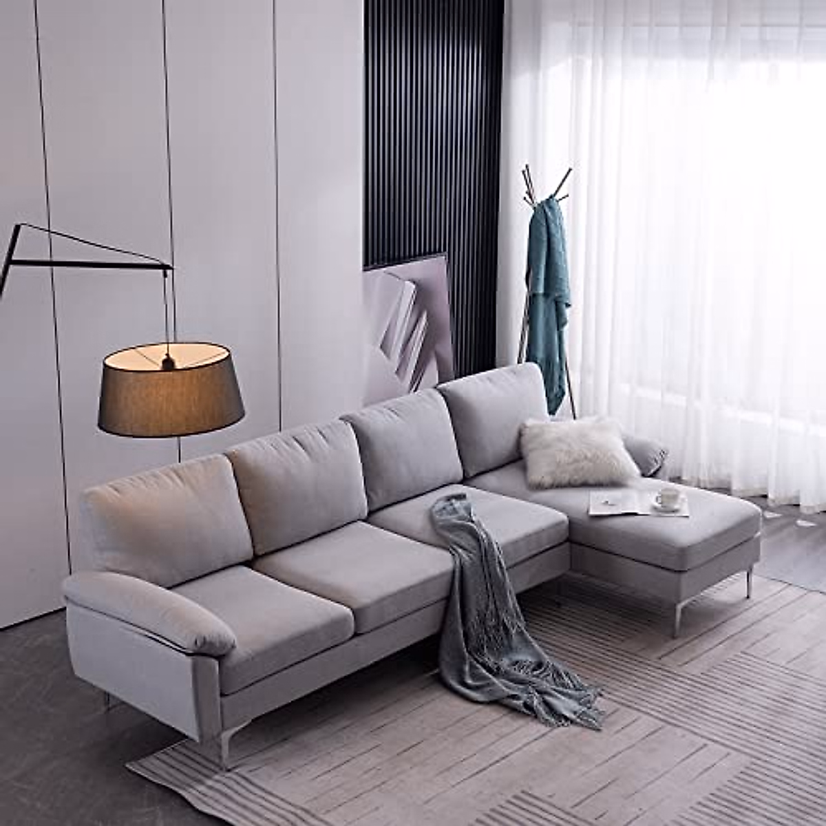 Home Convertible Sectional Sofa 110" L-Shape Sofa Couch 6-Seat Couch with Chaise Fabric Upholstered for Living Room, Apartment, Office (Light Gray)